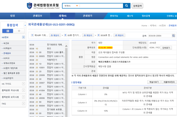 대만 HS code 8536.90-20004 수입 시 관세 질문 : 네이버 지식iN