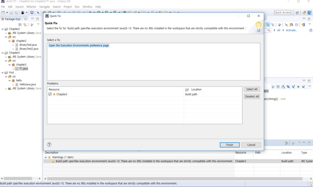 eclipse java Warnings "Build path specifies execution environment JavaSE-10. Th" : 지식iN