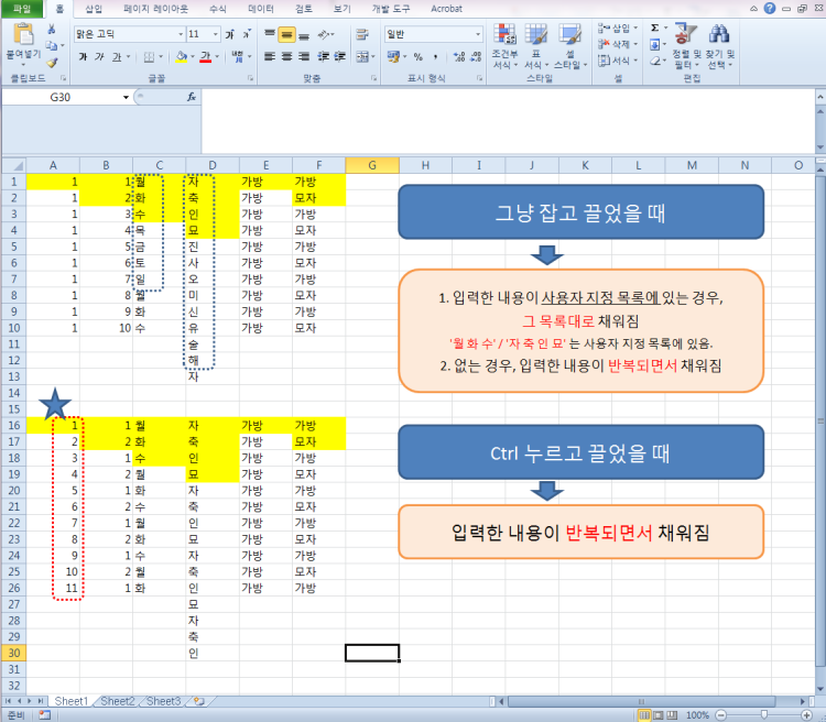엑셀 채우기핸들 지식in