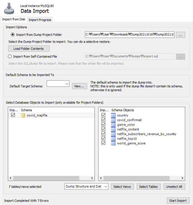 mysql workbench이용해서 dump import하려는데 오류가 나요 (1049) : 지식iN