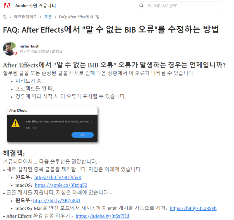 애프터이펙트 Unknown BIB Error 좀 고쳐주세요
