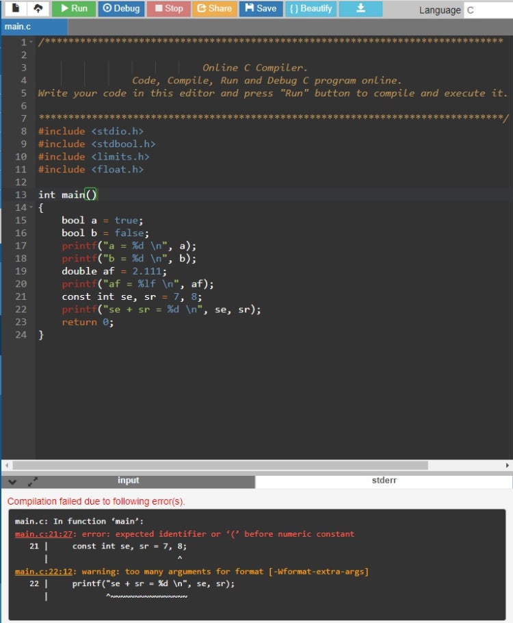 C/C++ 이 코드는 왜 실행이 안되나요 const int se, sr = 7, 8; 에서 printf("se + sr = %d ...