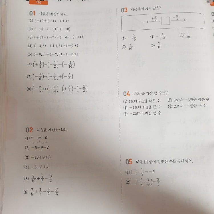 중학교 1학년 1학기 수학 유리수의 덧셈과 뺄셈 혼합계산 지식in