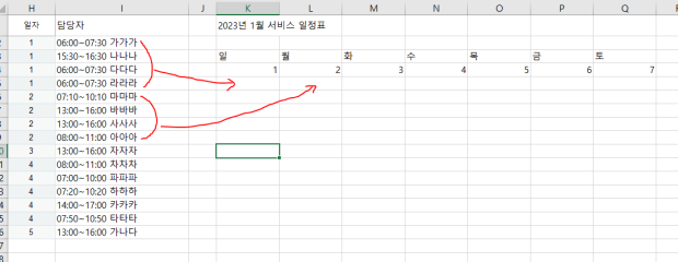 엑셀 해당날짜에 해당되는 담당자를 같은 일자에 넣기 : 지식iN