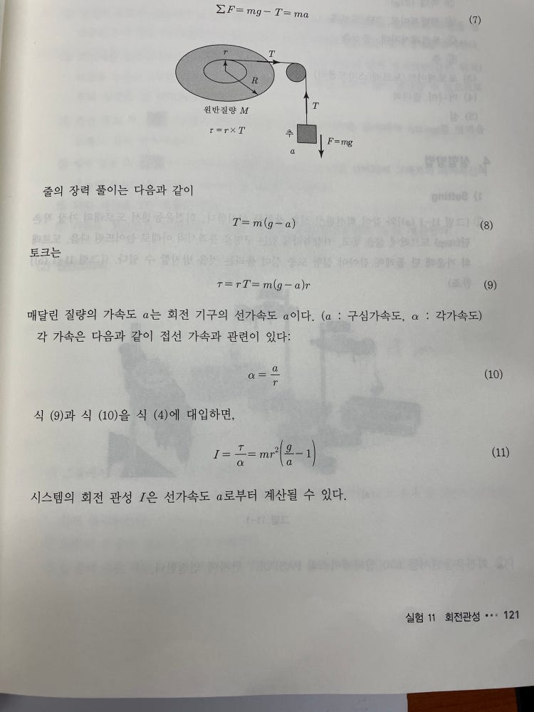 일반물리학실험 회전관성 각가속 접선가속 공식 유도 질문 지식in