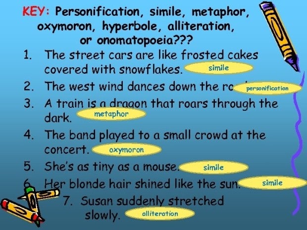 시에서 Simile, Personification, Metaphor, Alliteration, Hyperbole 를 찾아주세요 ...
