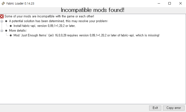 마인크래프트 오류:Incompatible mods found! 어떻게 해결할 수 있을까요? : 지식iN