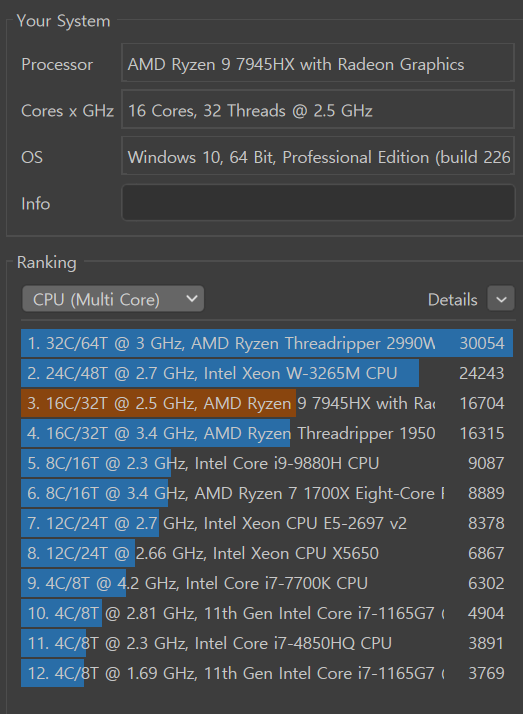 Msi 알파 17 cpu 시네벤치 점수 질문 : 지식iN